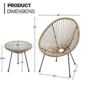 MoNiBloom 3 Piece Patio Set All Weather Outdoor Furniture Conversation Bistro Set with Plastic Rope, Glass Top Table and 2 Metal Steel Chairs for Garden Deck and Backyard Natural