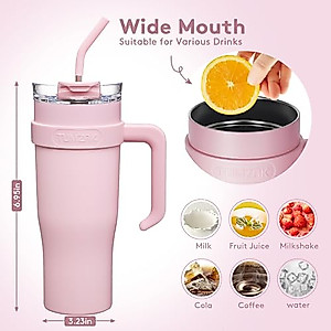 Tumzak 40oz Tumbler with Handle and Straw Lid Double Wall Vacuum Insulated Stainless Steel Travel Mug Tumbler Resuable Leak-proof Water Bottle for Iced Coffee (Pink)