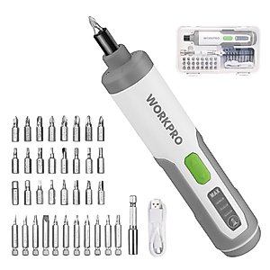 WORKPRO 4V Electric Screwdriver, Rechargeable Cordless Screwdriver Set with 35 Bits, Extension Rod, USB Charging Cable in Carrying Case, LED Light, Black Gray