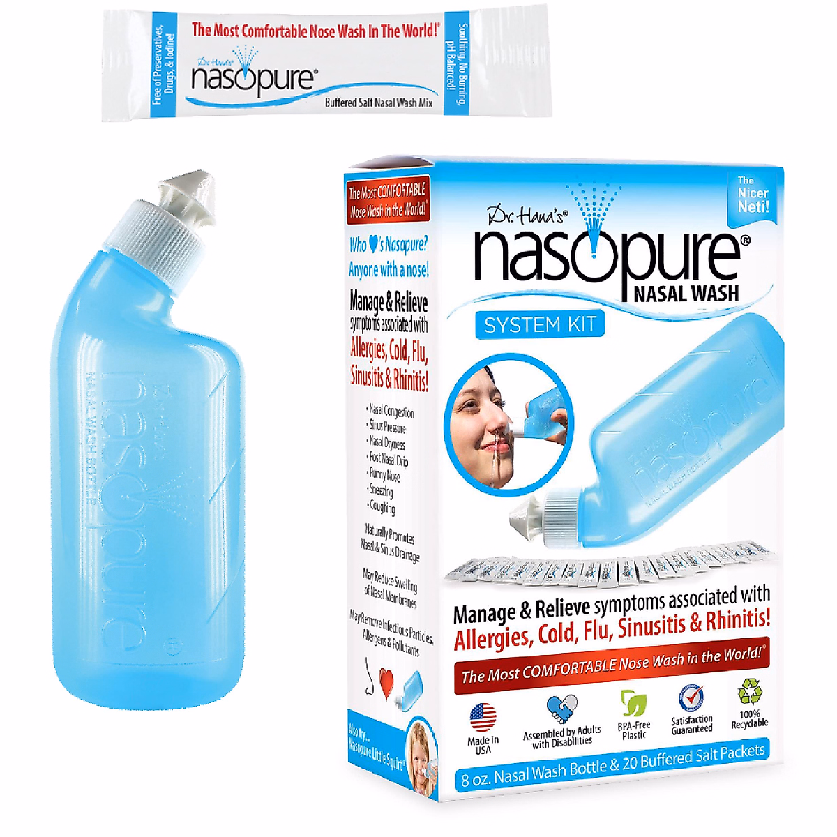 Nasopure Nasal Wash, System Kit, “The Nicer Neti Pot” Sinus Wash Kit, Comfortable Nasal Rinse 8 Oz Bottle & 20 Salt Packets (3.75 Grams Each), Nasal Congestion, Cold, Flu, Allergy, Nasal Irrigation