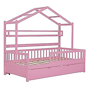 Twin Size House Bed for Kids, Wooden Floor Bed Frame with Trundle & House Roof Frame, Kids Bed Twin with Shelf, Guardrails & Slat Support, Box Spring Needed (Pink)