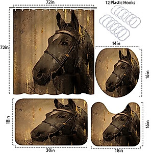 AtGoWac 4 Pcs Set Horse Shower Curtain Set with Rugs Farmhouse Animal Rustic Brown Horse Shower Curtain Bathroom Decor
