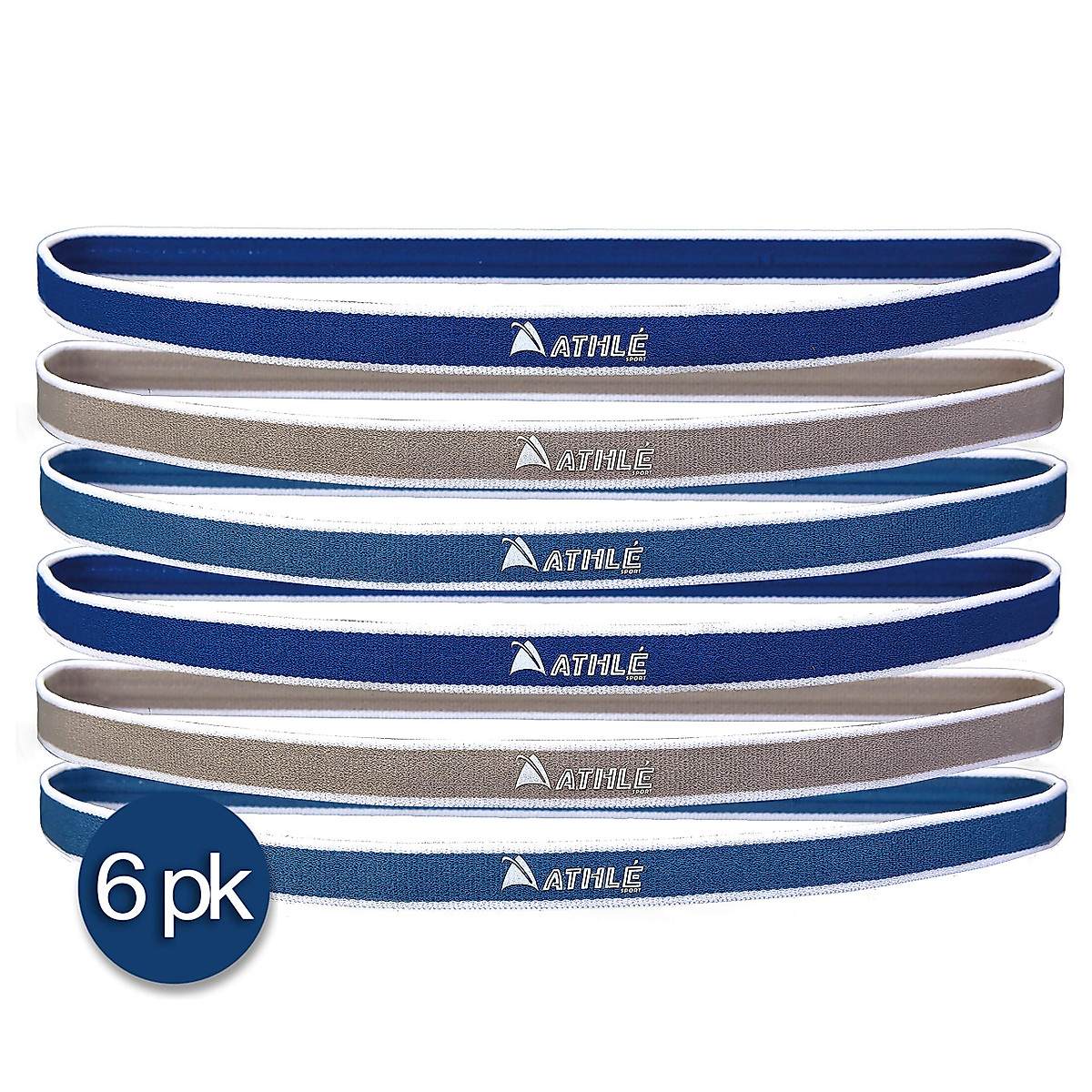 Athlé Skinny Headbands for Women and Men - 6 Pack - Elastic Headbands for Women and Men - Non Slip Silicone Grip - Lightweight and Comfortable Thin Headbands - Blue, Grey