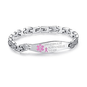 LinnaLove Lymphedema Alert Bracelets No Needle or BP Bracelets Stainless Steel Medical Bracelets for Women (Customize)