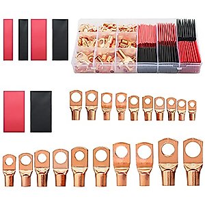 IBosins 150Pcs Copper Battery Terminal Connectors, AWG 2 4 6 8 10 12 Cable Ends Wire Lugs Assortment Kit, 70pcs Ring Teminal with 80pcs Heat Shrink Tubing