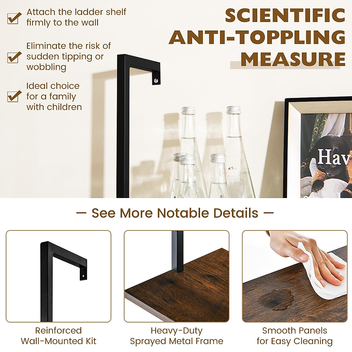 Tangkula 5-Tier Bookshelf, Modern Wall Mounted Ladder Shelf, 5 Tiers Wood Wall Open Bookcase with Metal Frame, Home Office Display Storage Shelves for Collection, Plant Flower Stand (1, Brown)