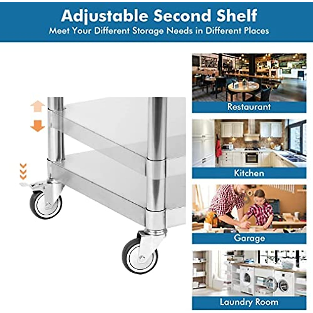 MYOYAY Commercial Stainless Steel Table with Caster Wheels 24"x24" Kitchen Worktables with Backsplashs Prep Food Workbench Under Shelf 110~220lbs Capacity for Restaurant