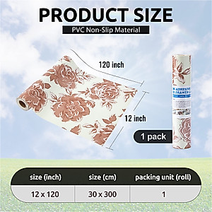 FIFTY FEET 12X120 Inch Shelf Liner for Kitchen Cabinets, PVC Drawer Liner for Dresser Non-Slip Bathroom, Non-Adhesive Cabinet Liner Washable (Red Flower)(1 Roll)