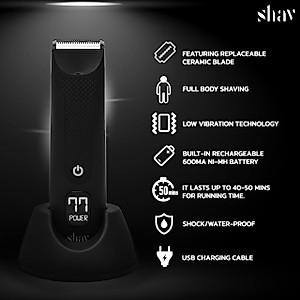SHAV Electric Below-The-Belt Trimmer Built for Men, Men's Grooming kit | Hair Trimmer Kit: Replaceable Ceramic Blade, Waterproof Groin & Body Shaver, Standing Recharge Dock