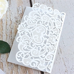 NC 10sets 3D Pop Up Bride And Groom White Wedding Invitation Card Laser Cut Pocket Floral Engagement Invitations with Envelope & Inner Paper (White), 18x12.5CM