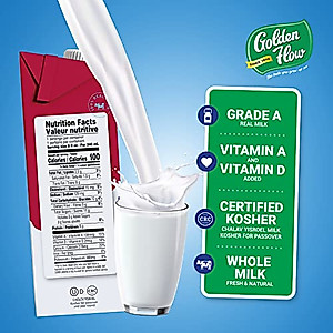 Golden Flow Shelf Stable Whole milk - UHT Boxed Milk - Fortified with Vitamins A & D –No Refrigeration Needed, Cholov Yisroel, Kosher for Passover -8 FL oz- (Pack of 12)
