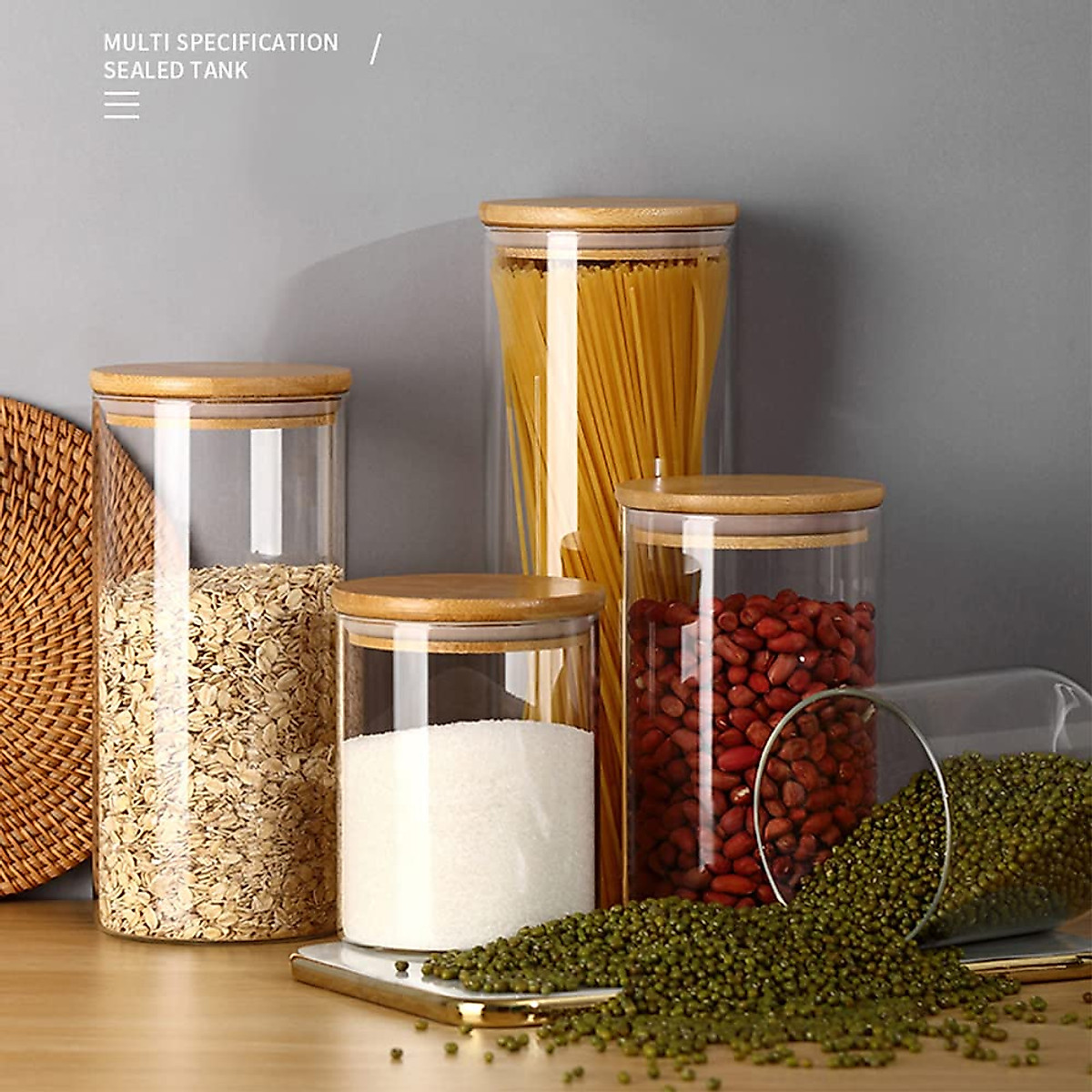 Set of 5 Borosilicate Glass Jars with Bamboo Lids, Glass Food Storage Containers Set, Airtight Sealable Containers for Sugar Candy Cookie Rice and Spice Jars