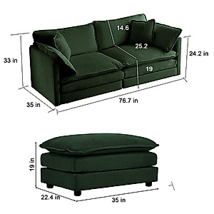 kevinplus 70'' Green Loveseat Sofa Couch with Convertible Ottoman for Living Room, Modern Contemporary 2-Seat Sofa Couch for Bedroom Apartment Small Spaces, Chenille Fabric (Loveseat + 1 Ottoman)