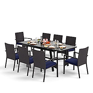 PHI VILLA 9 Pieces Patio Dining Set for 8, Rattan Wicker Chairs and E-Coating Expandable Rectangular Metal Table, Outdoor Dining Table and Chairs Furniture for Backyard Deck Garden Porch