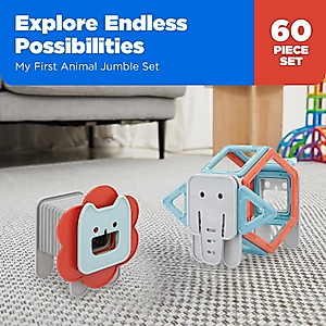 MAGFORMERS My First Animal Jumble 60 Piece Set, Pastel Colors - Educational Magnetic Geometric Shapes, Tiles, Building STEM Toy Set, Ages 3+