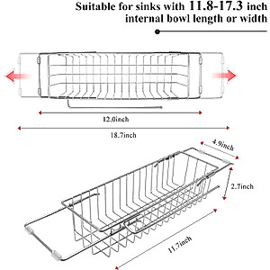Telescopic Kitchen Sink Organizer Rack, Collapsible Stainless Steel Sink Caddy Drainer with Towel Drying Rack, Sink Basket with Dishcloth Hanger, Soap and Sponge Holder
