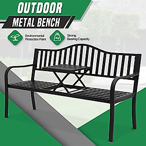 SFIHOME Metal Frame Garden Bench with Folding Table, 59" All-Weather Outdoor Benches for 2 Adults, Patio Bench with Slatted Backrest, Bench for Lawn Yard Porch Entryway, Black