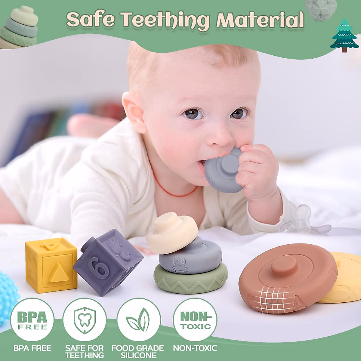 SINOMARS 24pcs Baby Toys 6-12 Months, Montessori Toys for 1 Year Old, Stacking Building Blocks for Toddlers 1-3, Soft Baby Teething Rings Toy for Infant 0-6 Months, Sensory Ball for 0-3-6-9-12 Months