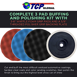TCP Global Complete 3 Pad Buffing and Polishing Kit with 3-8" Waffle Foam Grip Pads and a 5/8" Threaded Polisher Grip Backing Plate