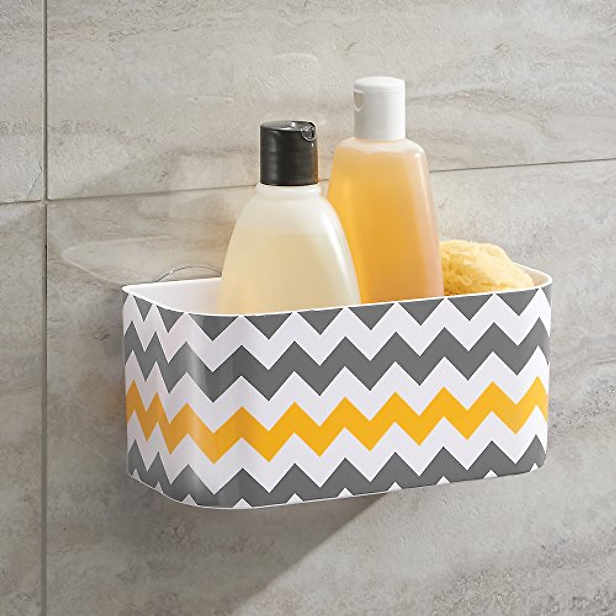 InterDesign Una Bathroom Suction Shower Basket, Gray/Yellow Chevron