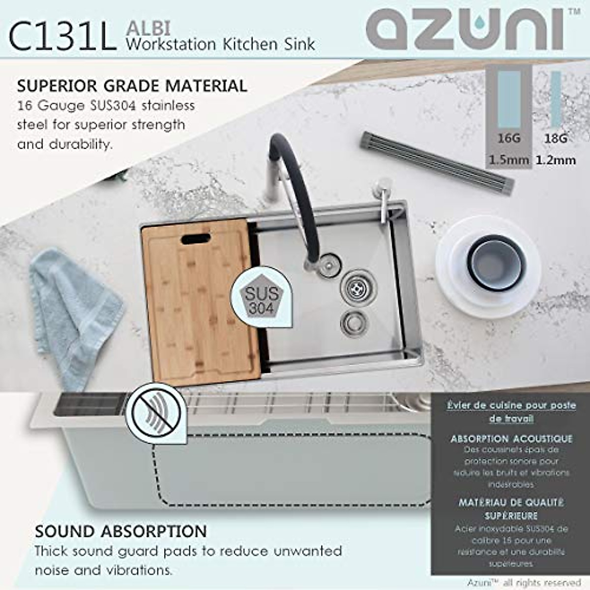 AZUNI 30 inch x 19 inch Single Bowl Undermount 16G Reversible Kitchen Ledge Workstation Sink with Grid, Luxury Basket Strainer, Drying Rack and Bamboo Cutting Board, C131L