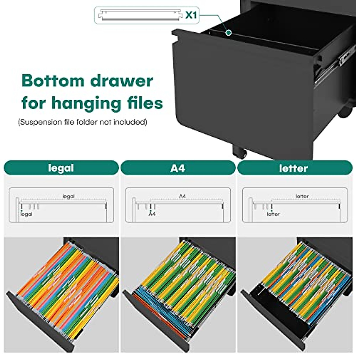 YOLEO 3 Drawer File Cabinet, Metal Filing Cabinets with Lock Wheels & Hanging Rail for A4/Legal/Letter File, Anti-tilt Under Desk Design, Lockable Rolling Mobile File Cabinet for Home Office (Black)