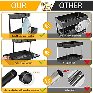 UWBGRT 2-Tier Under Sink Organizers and Storage 𝟐 Pack Sliding L-Shape Bathroom Kitchen Cabinet Organizers with Hooks,Hanging Cups, Narrow Space Storage Multi-Purpose Sink Organizer