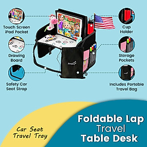 Kids Travel Tray with Bag - Toddler Car Seat Tray, Foldable Lap Travel Table Desk with iPad Holder, Drawing Board, Storage Pocket Organizer for Child Road Trip, Car Stroller, Airplane - Pink