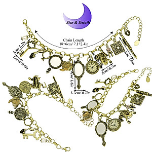 Vintage Gold Fairytale Lucky Charms Link Chain Cuff Bangle Bracelet Wonderland Style Frog Mirror Clock Heart Teapot Pendants Party Friendship Gift For Women and Girls