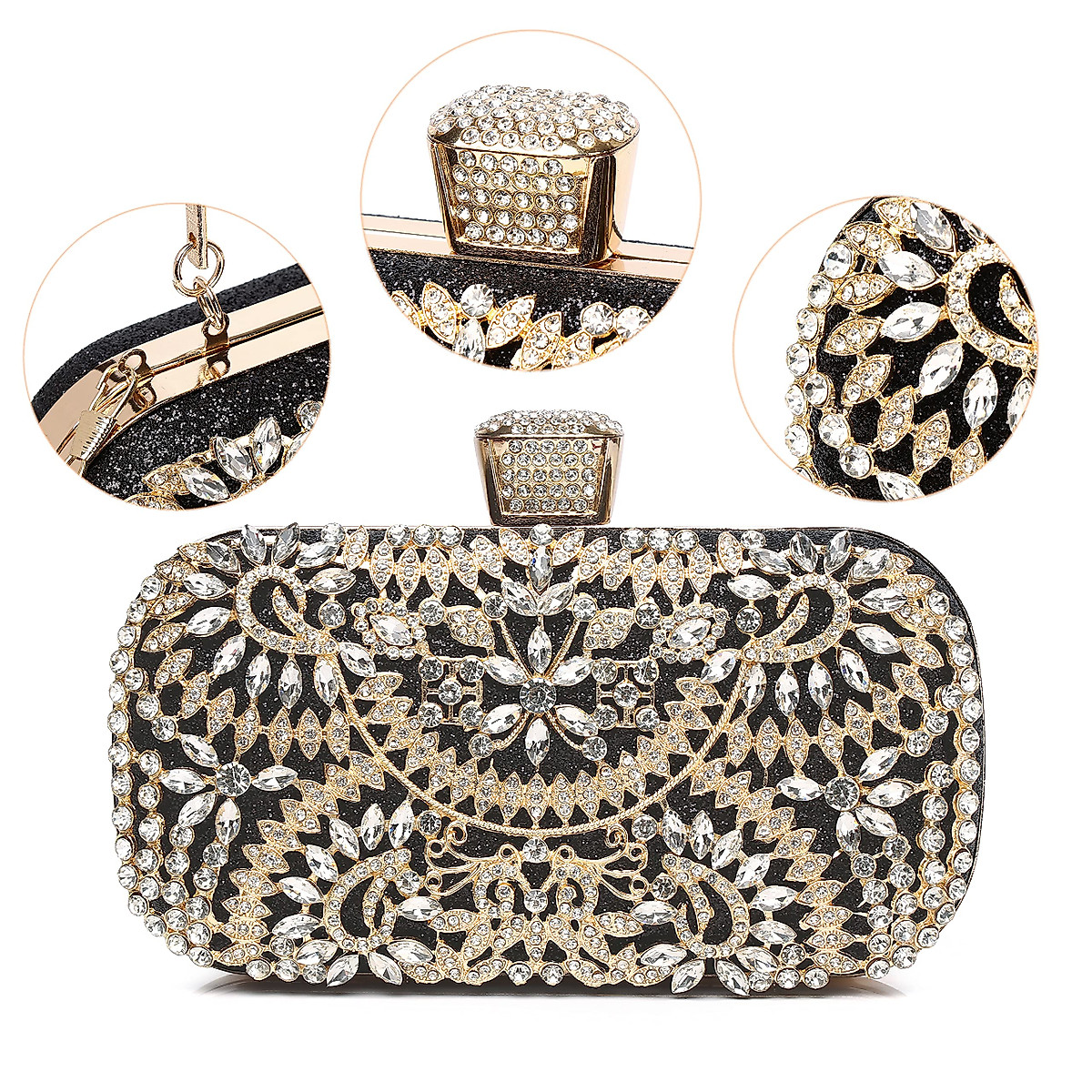 FIVE FLOWER Evening Clutch Bags Purse Handbag for Women Wedding Prom Party (BLACK), Medium