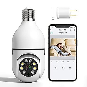 Yihoume Upgraded,Wireless Light Bulb Security Camera, 360°Panoramic 2K Surveillance Cam 2.4GHz Camera with Motion Detection Alarm Night Vision Two-Way-Talk Phone Remote View Indoor