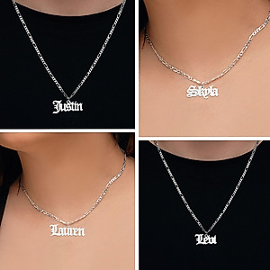 Beleco 18k Gold Plated or Sterling Silver 925 Custom Name Necklace - Personalized Name Plate Necklace with Elegant Figaro Chain, Old English Font | Customized & Personalized Necklaces