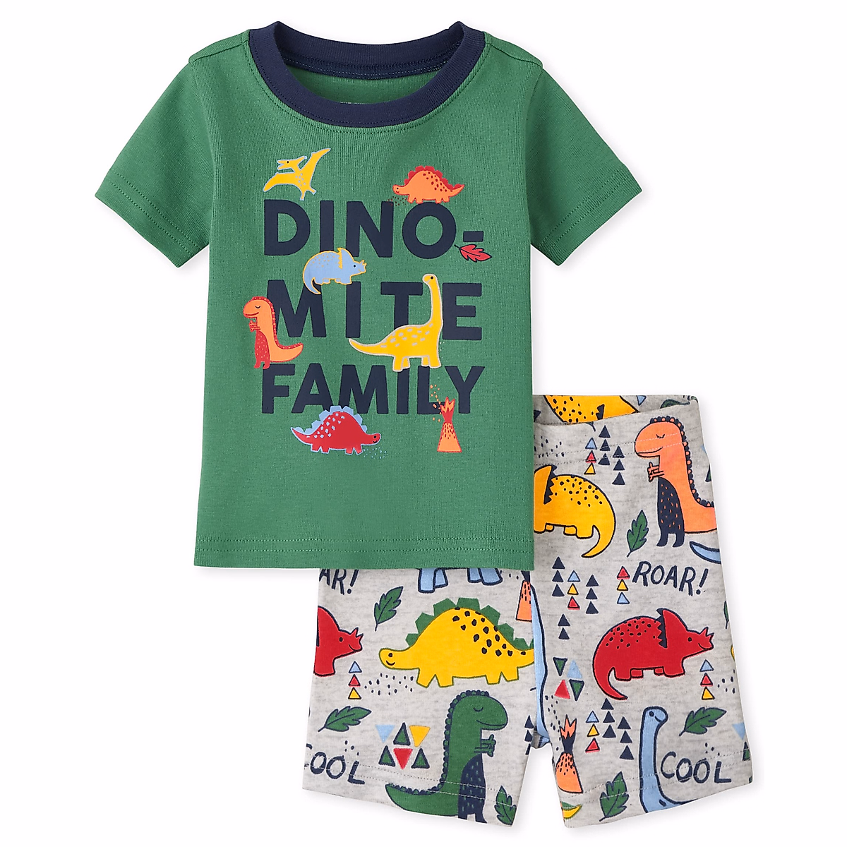 The Children's Place unisex baby The Children's Place Toddler Short Sleeve Top and Shorts Snug Fit 100% Cotton 2 Piece Pajama Set, Dino, 12-18 Months US