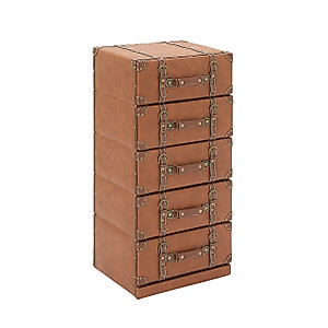 Deco 79 Wood Faux Leather 5 Drawer Chest with Buckle and Strap Detailing, 16" x 14" x 35", Brown