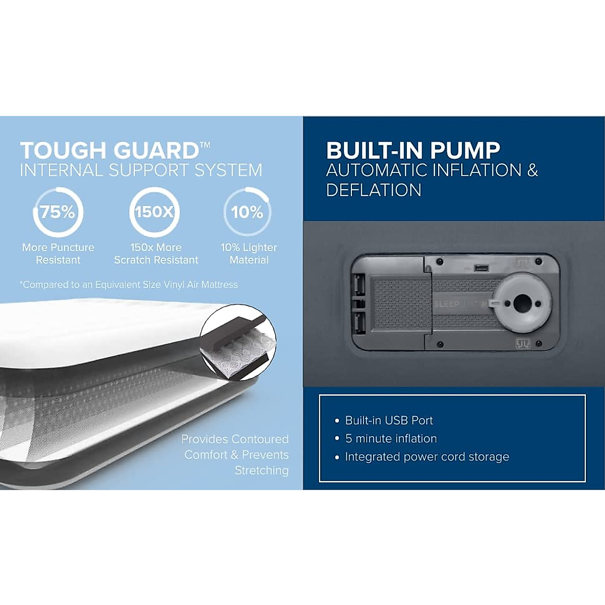 SLEEPLUX Queen Air Mattress with Headboard | Supersoft Snugable Top, Extra Durable Tough Guard | Raised Airbed with Built in Pump + USB Charger (90"x60"x29") Grey