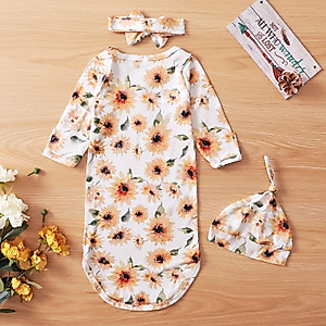 DPSKY Infant Baby Cotton Sleeper Gown Sunflowers Knotted Pajamas Newborn Sleepwear Sleeping Bag with Headband 2Pcs Set, 0-6 Months