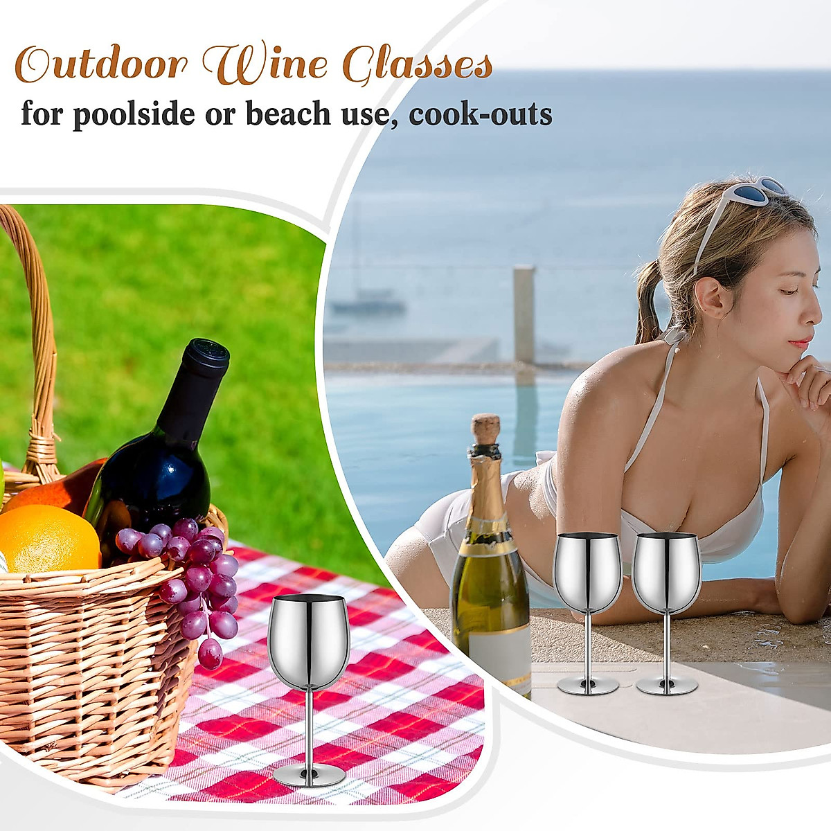 12 Set Stainless Steel Wine Glasses Metal Unbreakable Wine Glass 12 oz Portable Steel Wine Glass Wine Goblet Stemmed Wine Glasses Goblet Set for Outdoor Travel Camping Picnic, Silver