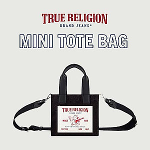 True Religion Tote, Women's Mini Travel Shoulder Bag with Adjustable Strap, Black Denim