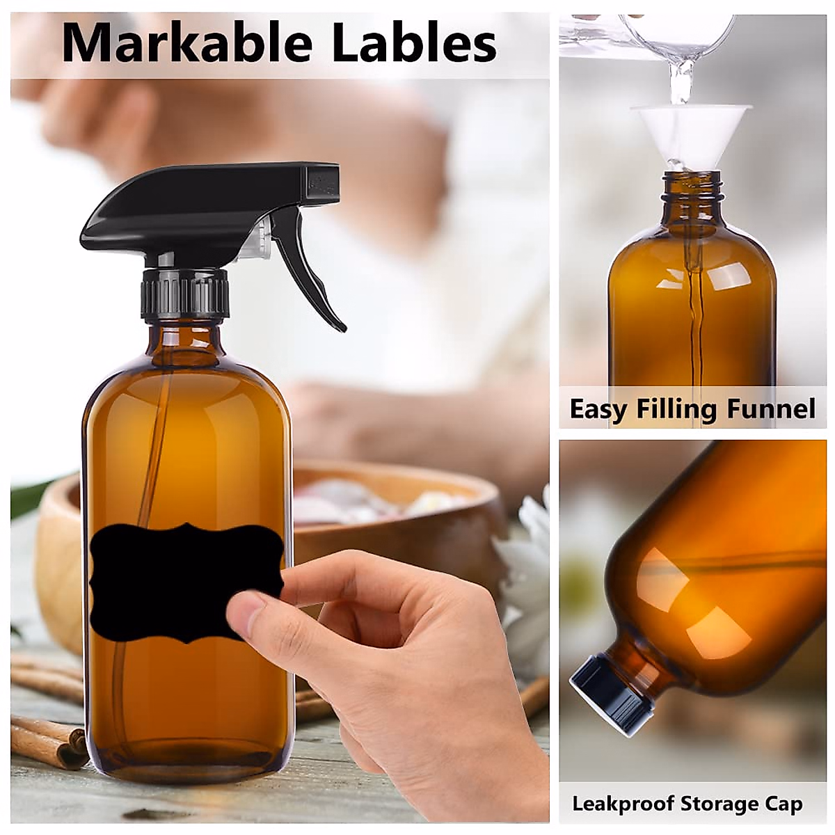 Amber Glass Spray Bottles, 3 Pack 8 Oz Amber Spray Bottles, Refillable Empty Spray Bottles with Adjustable Nozzle, for Essential Oils, Cleaning Solutions, Aromatherapy, Facial Hydration, Hair Mister