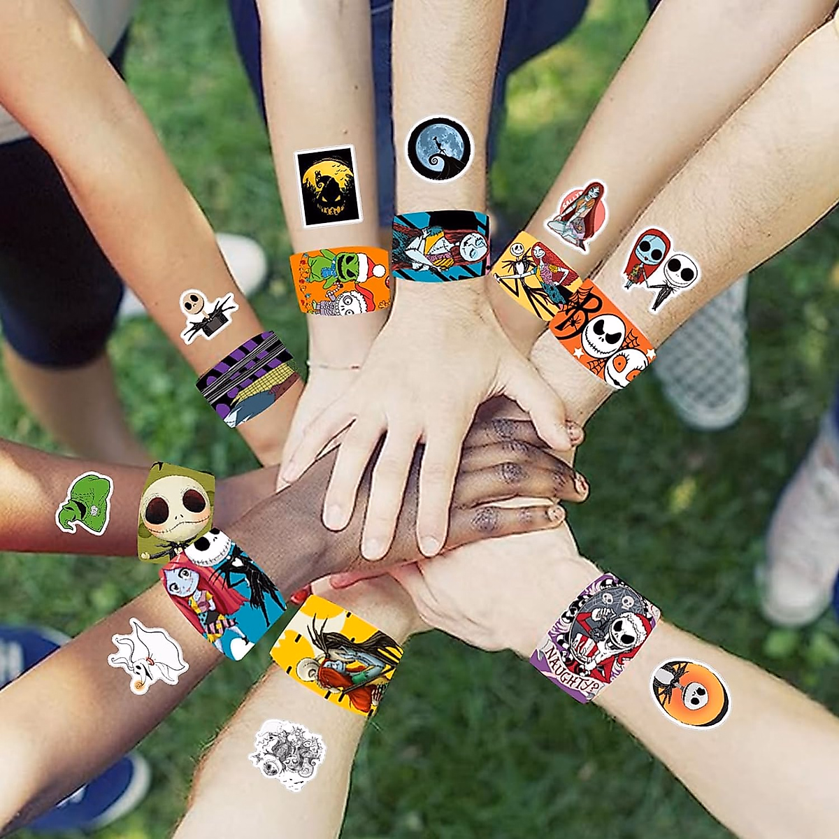 QWAERPLPN 48PCS Nightmare Before Christmas Slap Bracelet and 50PCS Nightmare Party Stickers for Kids Baby - The Nightmare Before Christmass Birthday Party Supplies Favors Children/Kids/Adults (98PCS)