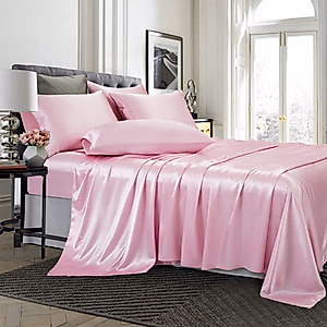 TREELY 4 Piece Satin Sheets Twin Size - Silky Smooth Pink Sheet Set With Deep Pocket, Fitted Sheet, Flat Sheet, 2 Pillowcases