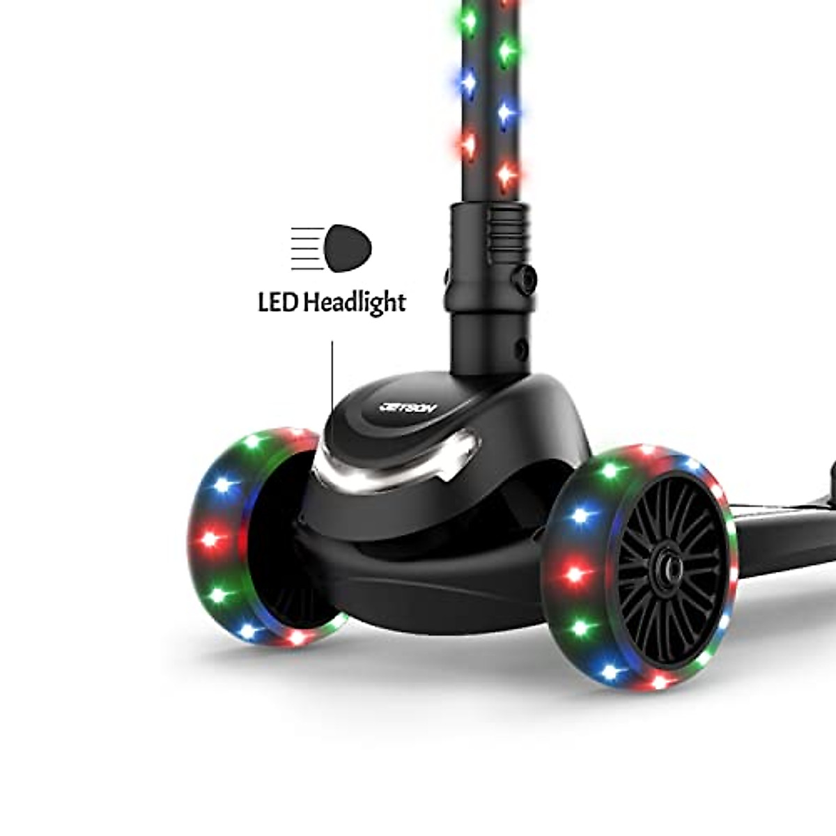 Jetson Scooters - Jupiter Mini 3 Wheel Kick Scooter (Black) - Collapsible Portable Kids Three Wheel Push Scooter - Lightweight Folding Design with High Visibility RGB Light Up LEDs on Stem and Wheels