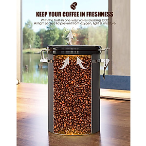 HAIOOU Airtight Coffee Canister, 22OZ Large Stainless Steel Coffee Bean Storage Container with Date Tracker, Measuring Scoop, CO2 Releasing Valves and Mini Tongs for Beans, Grounds and more - Gray