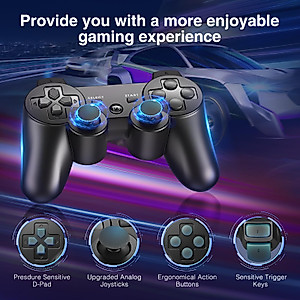 Powerextra Wireless Controller for PS3, 2 Pack High Performance Gaming Controller with Upgraded Joystick Double Shock for Play-Station 3 (Black and Blue)