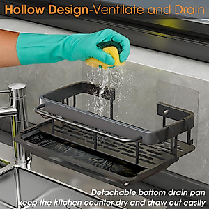 Black Adhesive Sink Caddy Sponge Holder for Kitchen Sink, Space-Saving Kitchen Sink Caddy with Auto Drain Tray and Towel Holder, Kitchen Sink Organizers for Sponge, Brush, Sink Stopper and Scraper