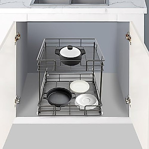 YETINGSHOP Version Pull Out Cabinet Organizer for Base Cabinet, Kitchen Cabinet Organizer and Storage 2-Tier Cabinet Pull Out Shelves Under Cabinet Storage for Kitchen (Gray, 16.5" W X 21.5" D)