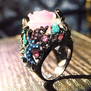 ABJFJE Retro Crystal Resin Rose Flower Cocktail Statement Ring Uniquely Stylish Stacking Wedding Band Rings Fashion Jewelry Accessories for Women Gift (8)