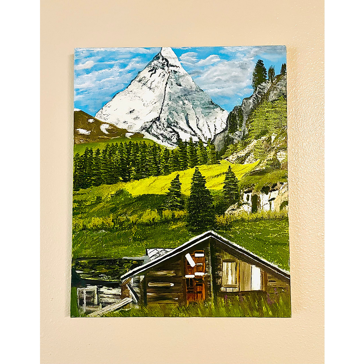 Handmade oil painting on Cotton canvas, Mountain And old House Green And Brown 100% Hand painted,Modern Artwork For Living Room.''20x16''