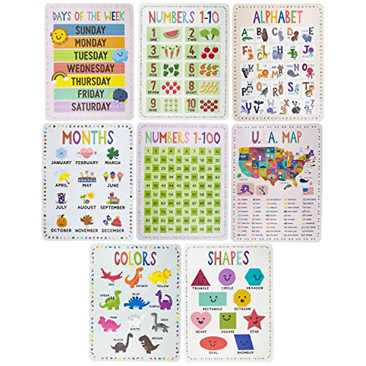 8-Pack Reversible Classroom Wall Posters 22" x 17" - Learn The Alphabet, Colors, Days, Months, Numbers, Shapes, & USA Map - Educational Posters by Pint-Size Scholars