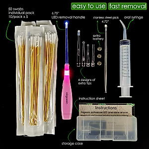 Airgoesin Tonsil Stone Remover, Stainless Steel Tonsil Stone Removal Tool, Long LED Tonsillolith Exorcism Kit, 50 Swabs and Curved Oral Irrigator Syringe to Get Rid of Bad Breath, 4 in 1 kit